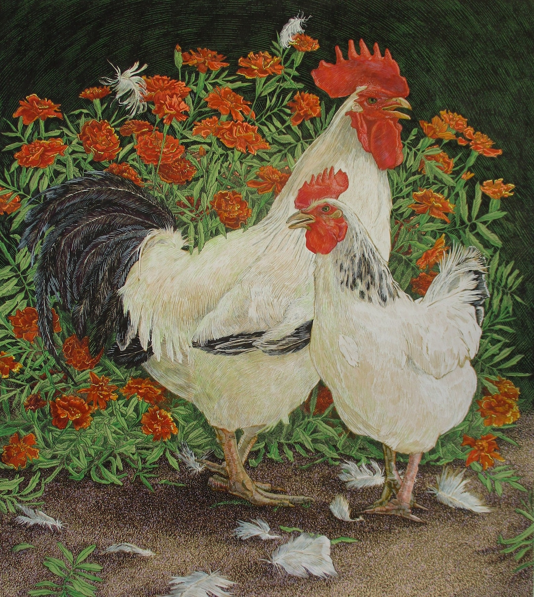 Rooster Hen Painting Original Pen and Ink Drawing Farm Animal Painting ...