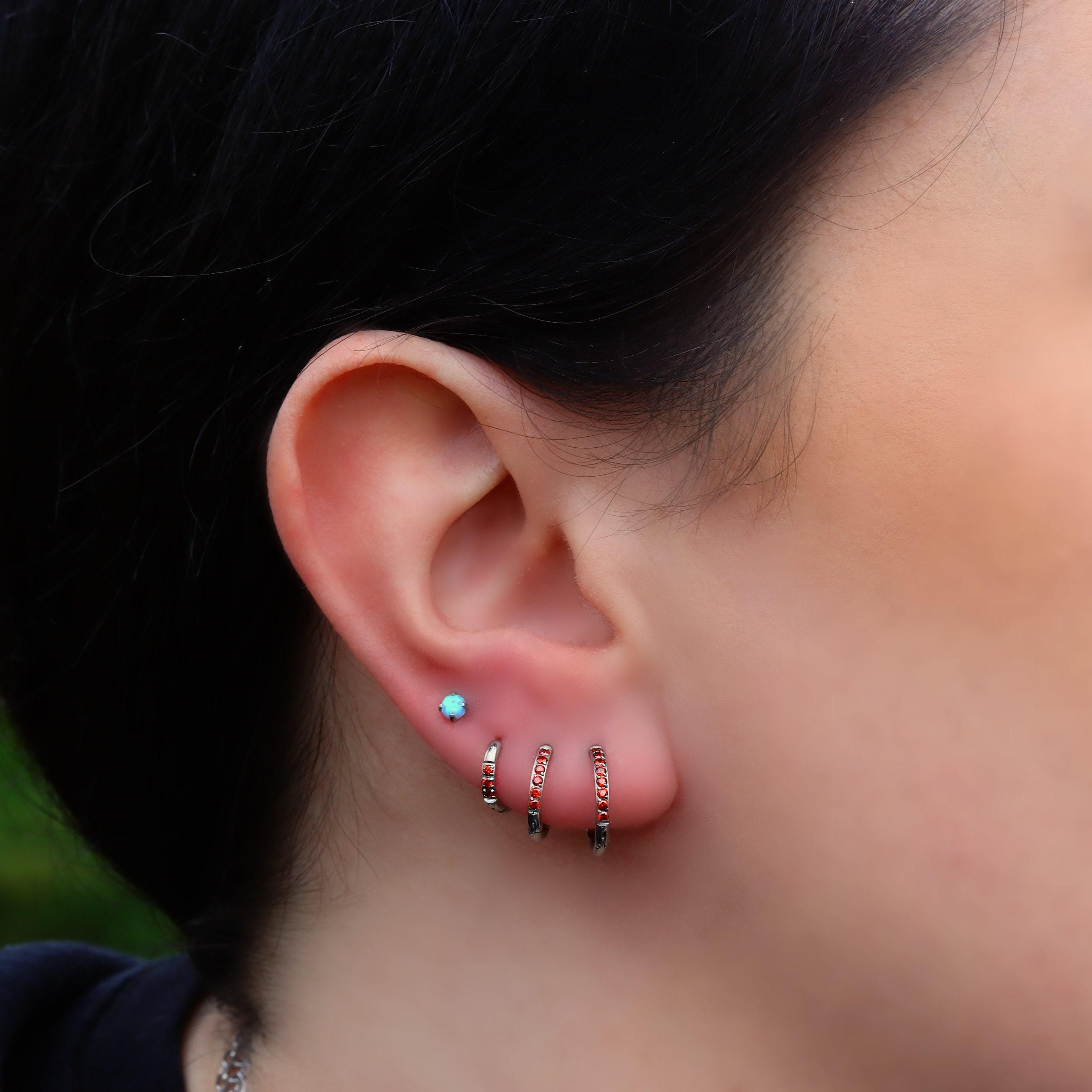 Red Silver Huggie Ear Piercing Pairs, Tiny CZ Crystals, Hypoallergenic ...