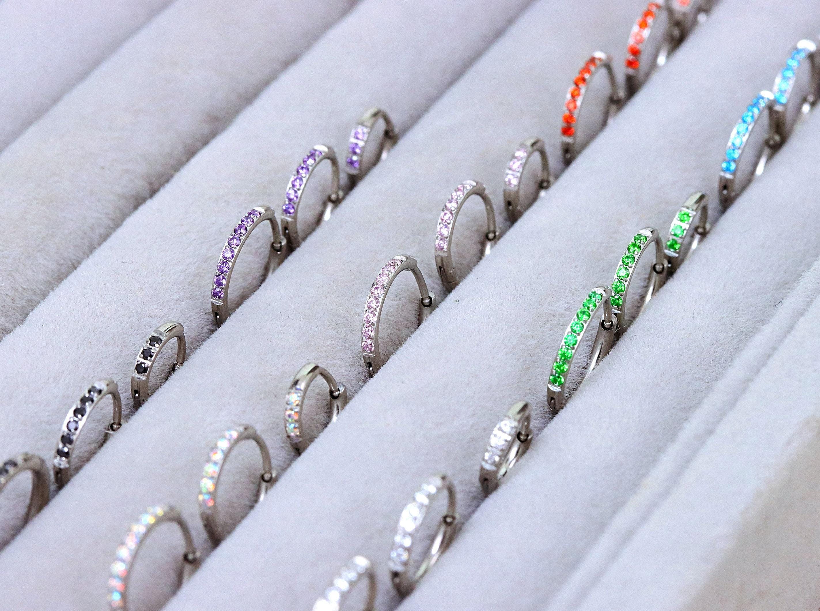 Red Silver Huggie Ear Piercing Pairs, Tiny CZ Crystals, Hypoallergenic ...