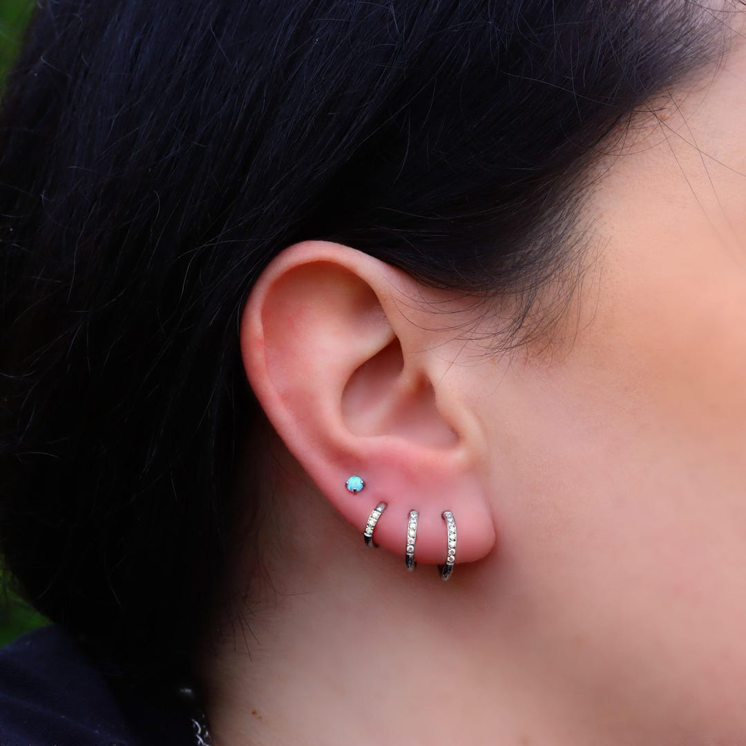Rainbow Silver Huggie Ear Piercing Pairs, Tiny CZ Crystals ...