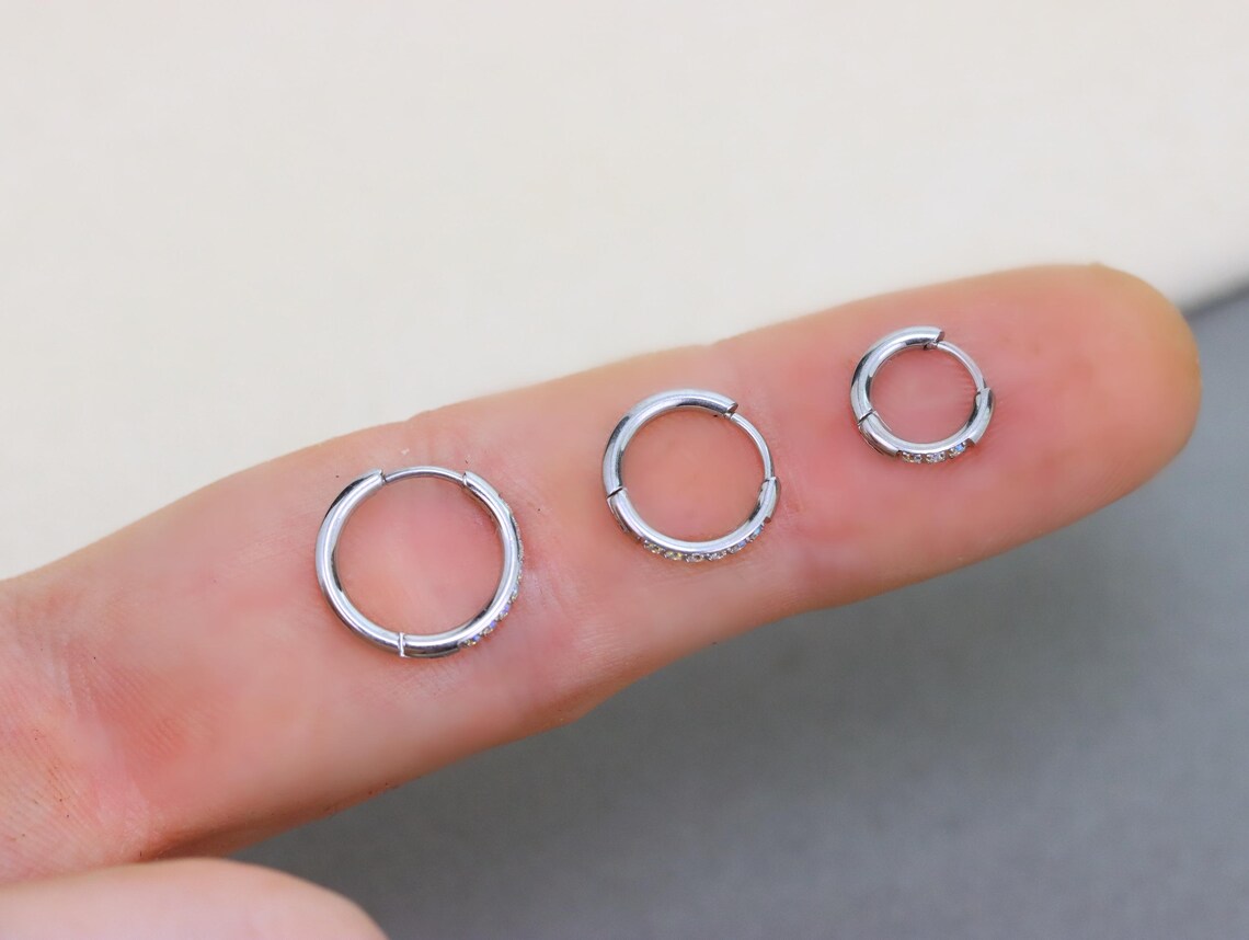 Red Silver Huggie Ear Piercing Pairs, Tiny CZ Crystals, Hypoallergenic ...
