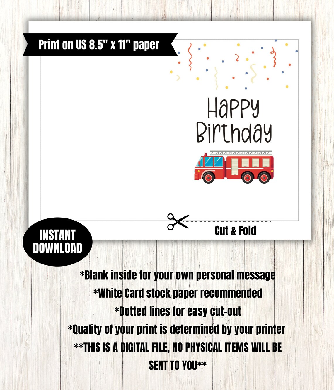 Firetruck Birthday Card, Printable Greeting Card, Firetruck Birthday ...