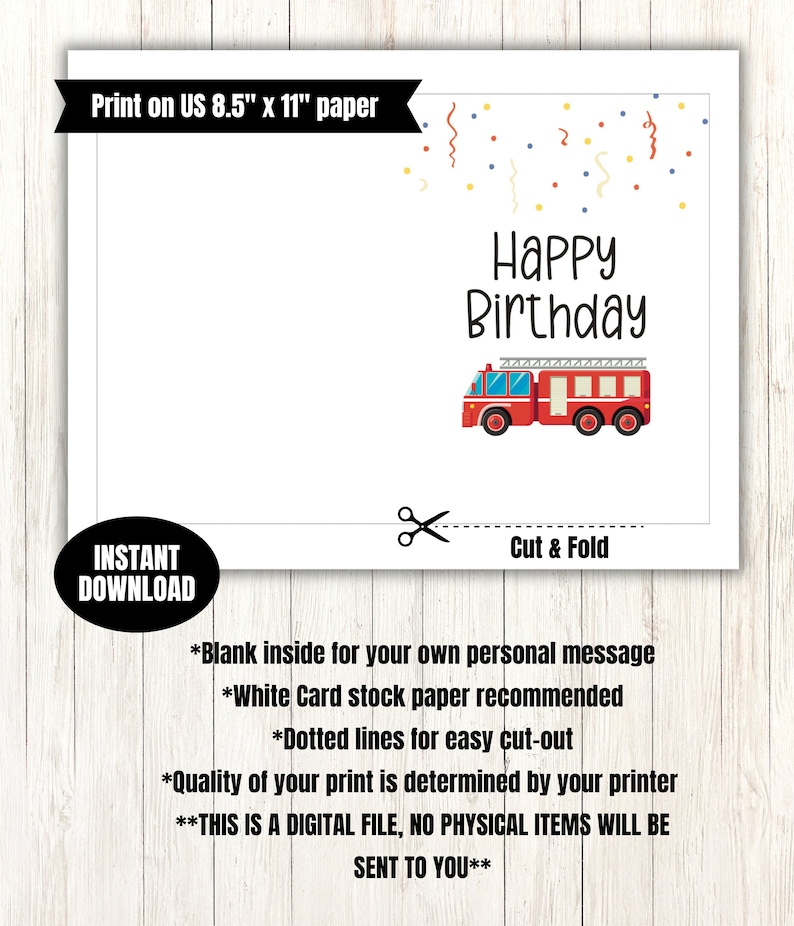 Firetruck Birthday Card, Printable Greeting Card, Firetruck Birthday ...