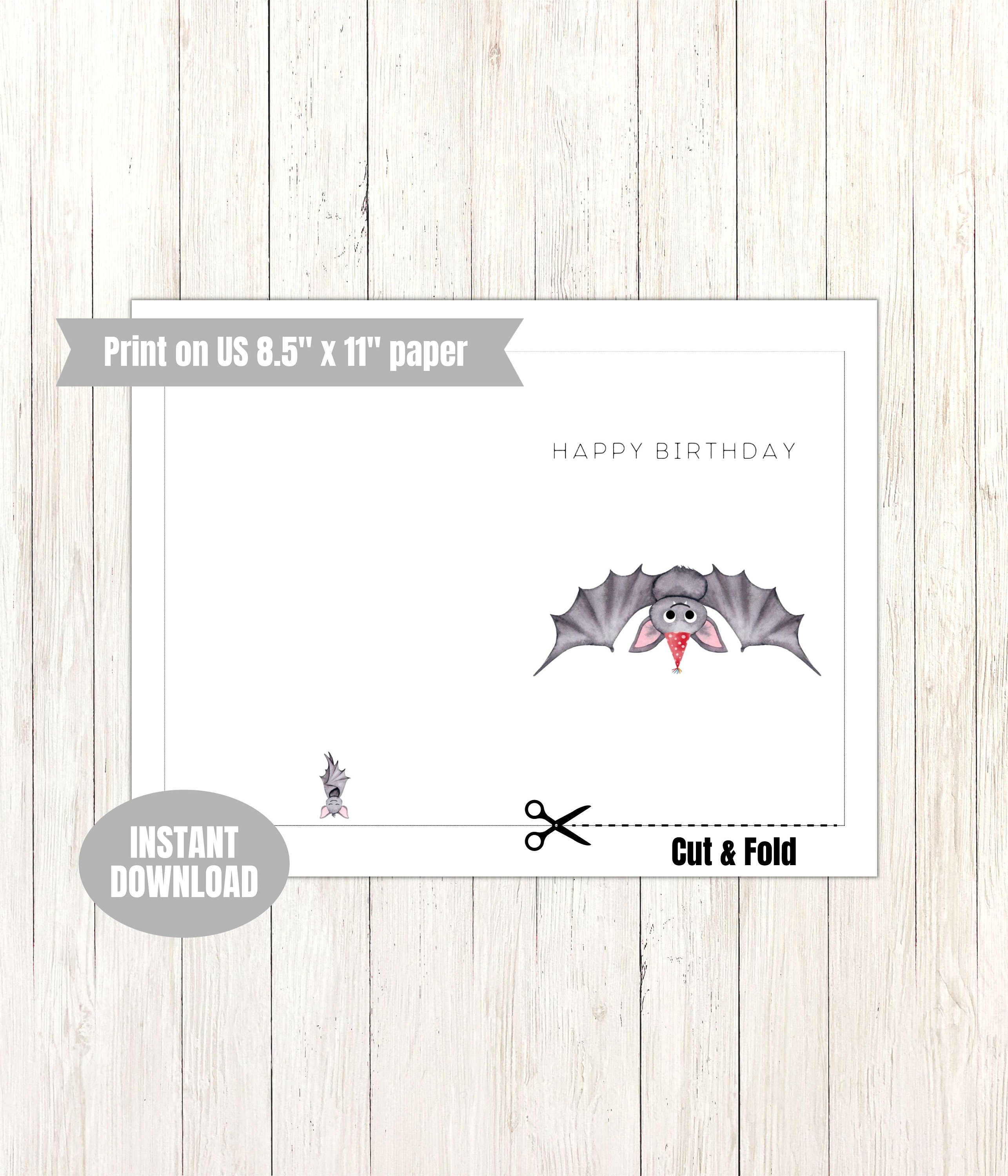 Cute Bat Birthday Card Printable Card Print at Home Greeting Card - Etsy