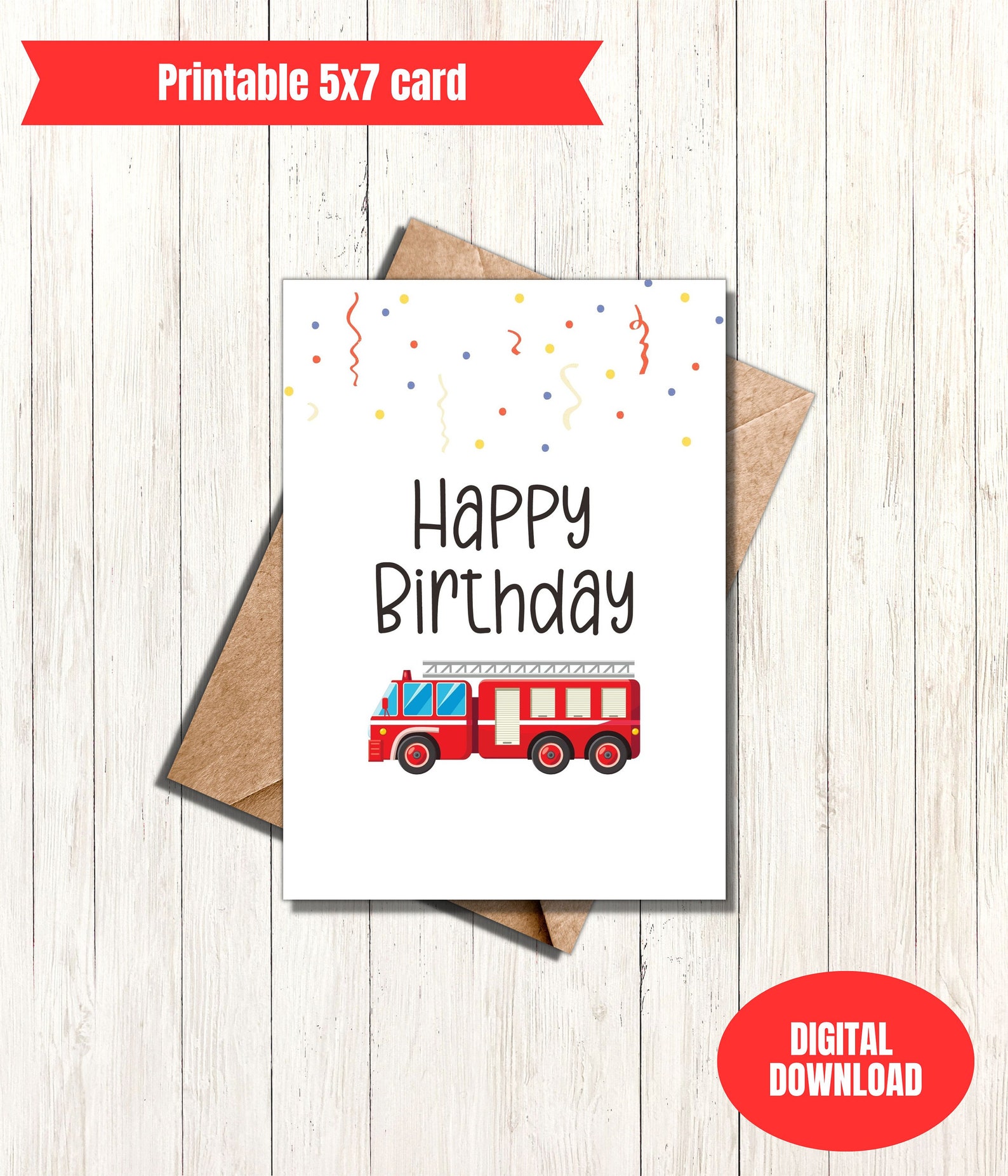 Firetruck Birthday Card, Printable Greeting Card, Firetruck Birthday ...