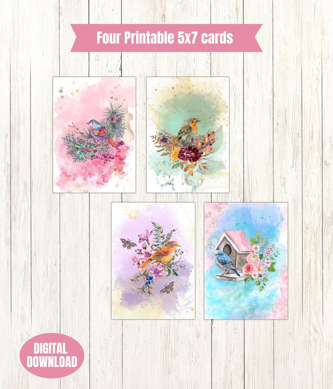 Four Watercolor Bird Seasonal Printable Greeting Cards - Etsy