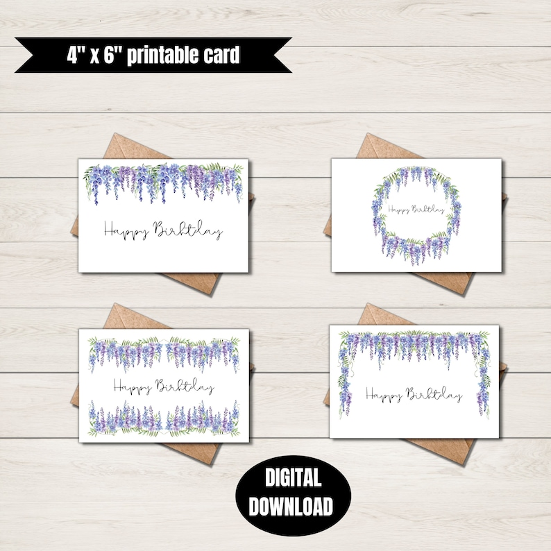 Four Printable Happy Birthday Purple Flower Greeting Cards - Etsy