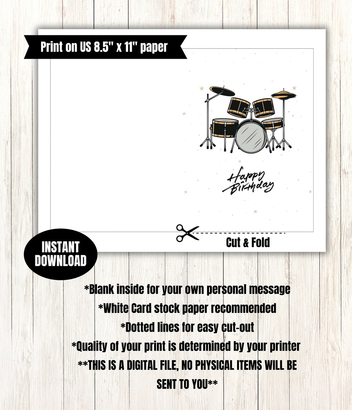 Drummer Birthday, Printable Greeting Card, Birthday Card, Print at Home ...