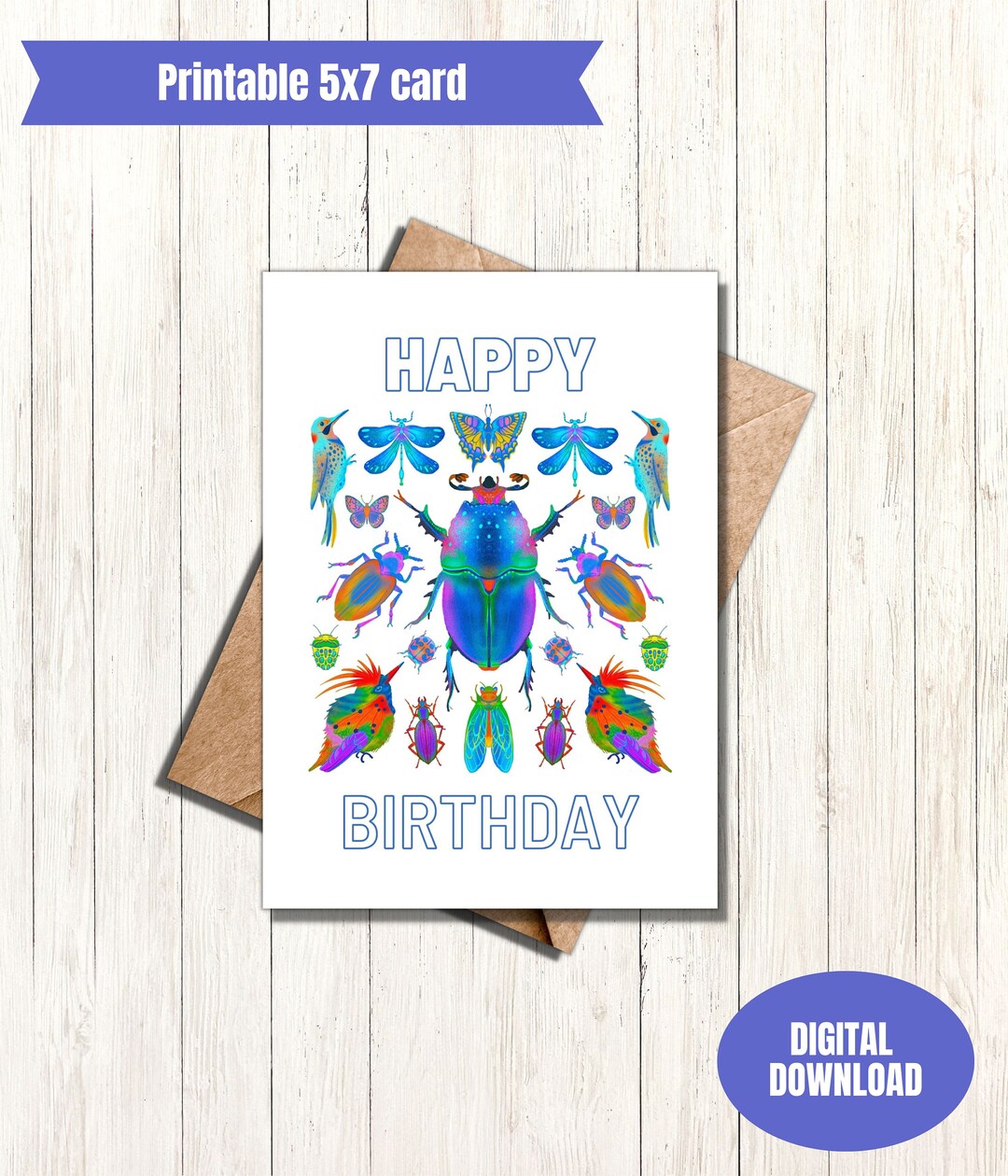 Bugs and Birds Printable Greeting Card - Etsy
