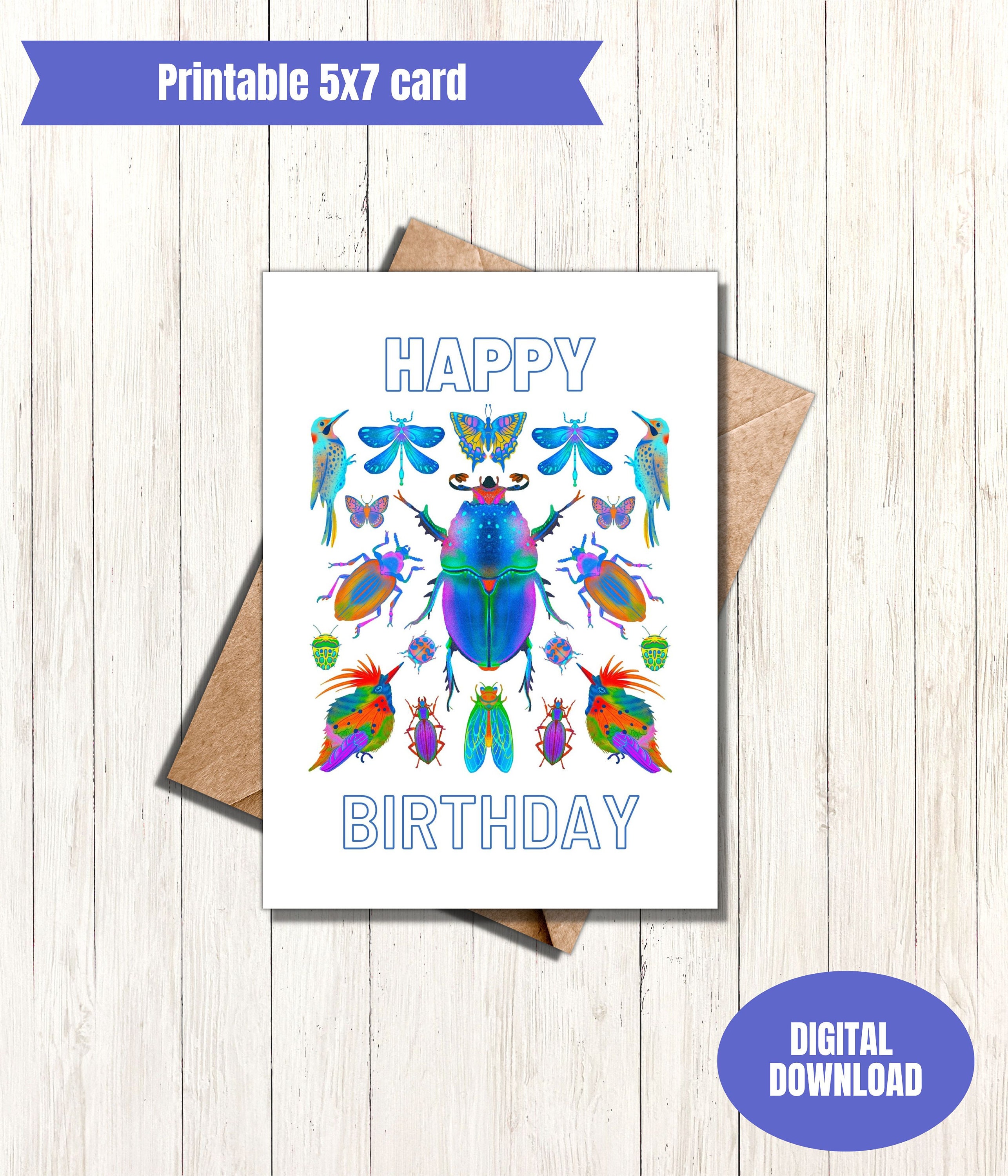 Bugs and Birds Printable Greeting Card - Etsy