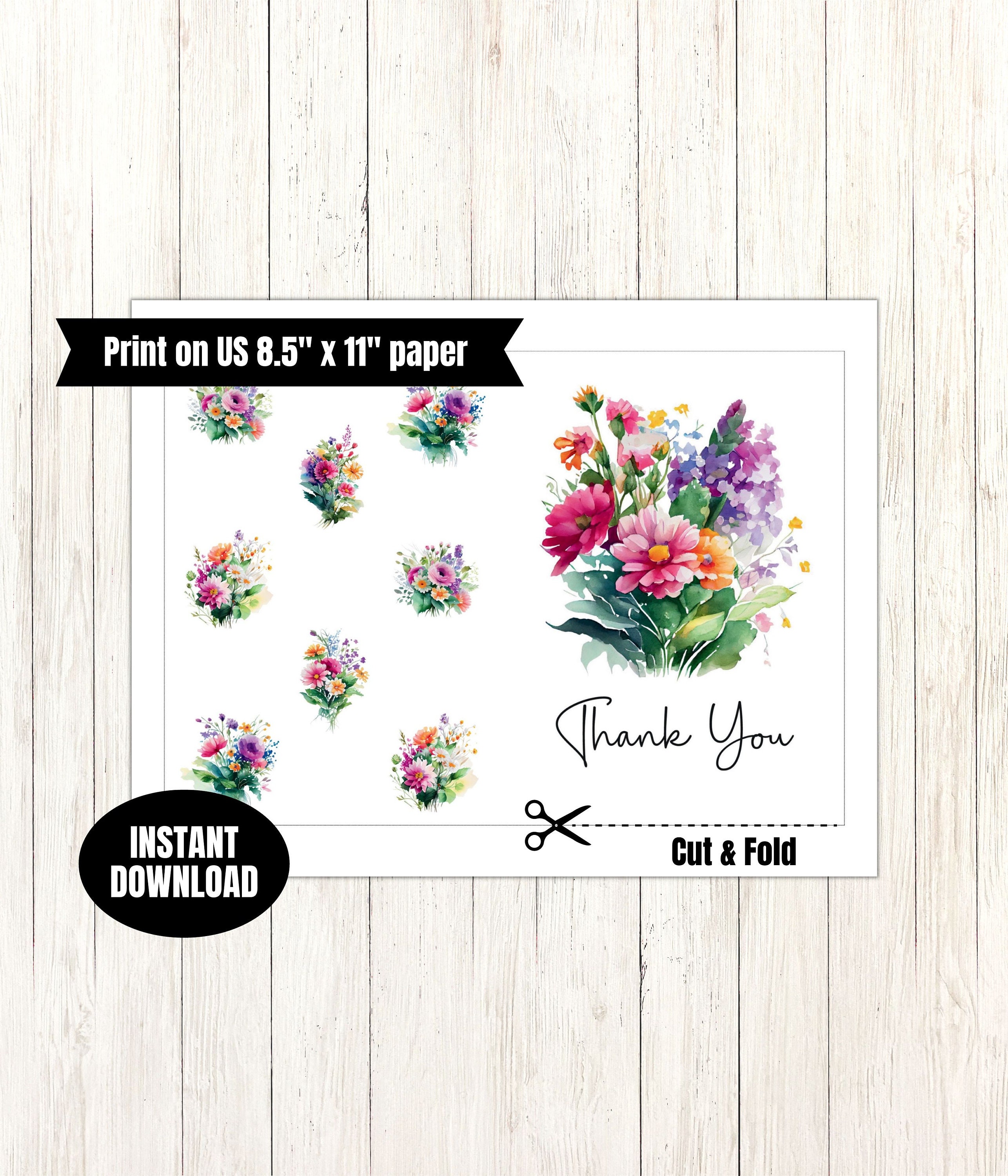 Floral Watercolor Thank You Card Printable Greeting Card Last Minute ...