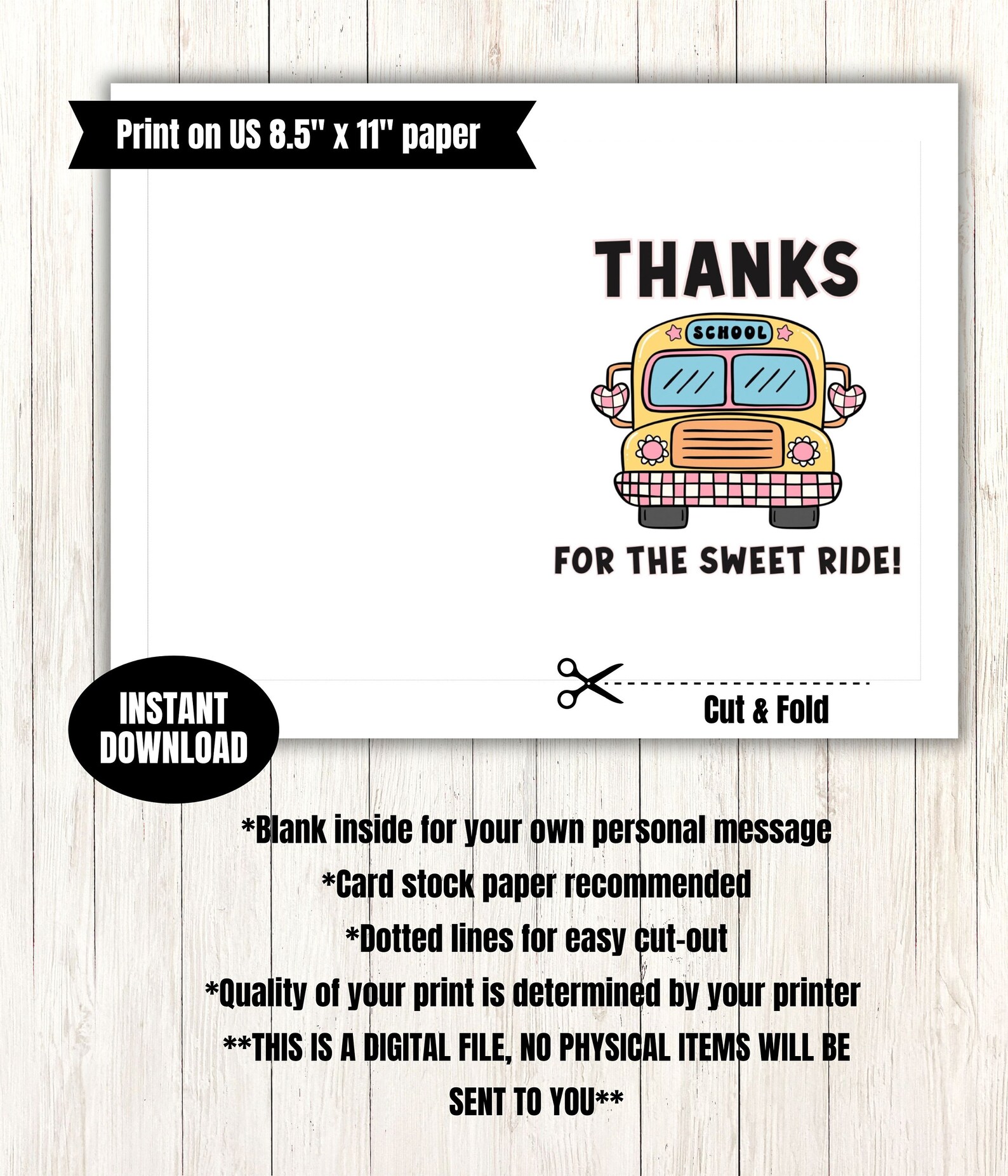 Bus Driver Card, 5x7 Card, Thank You Card, Sweet Ride, Bus Driver, Bus ...