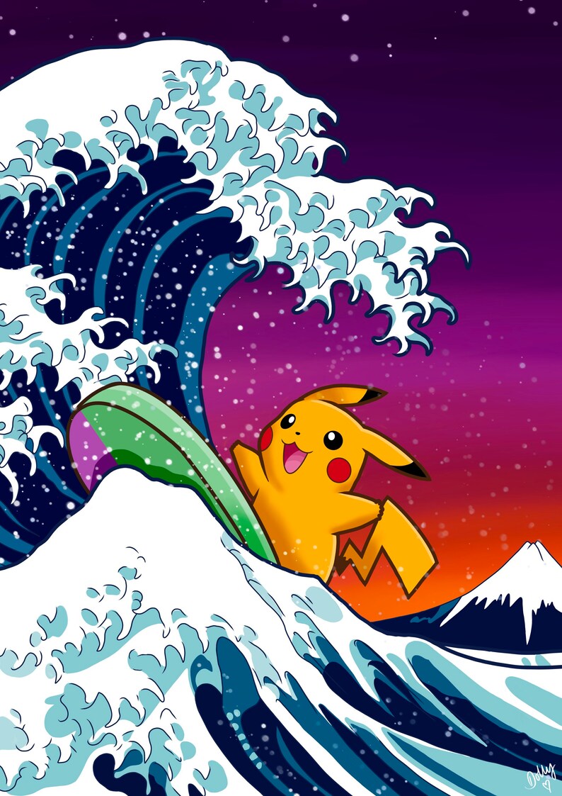 Pikachu vs. The Great Wave Surfing Pikachu Art Print A4 | Etsy