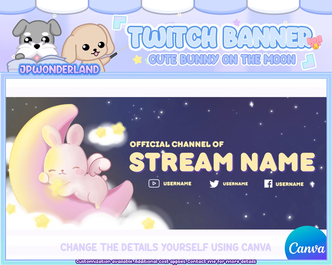 Custom Twitch Banner - Cute Bunny on the Moon Twitch Banner - Kawaii ...