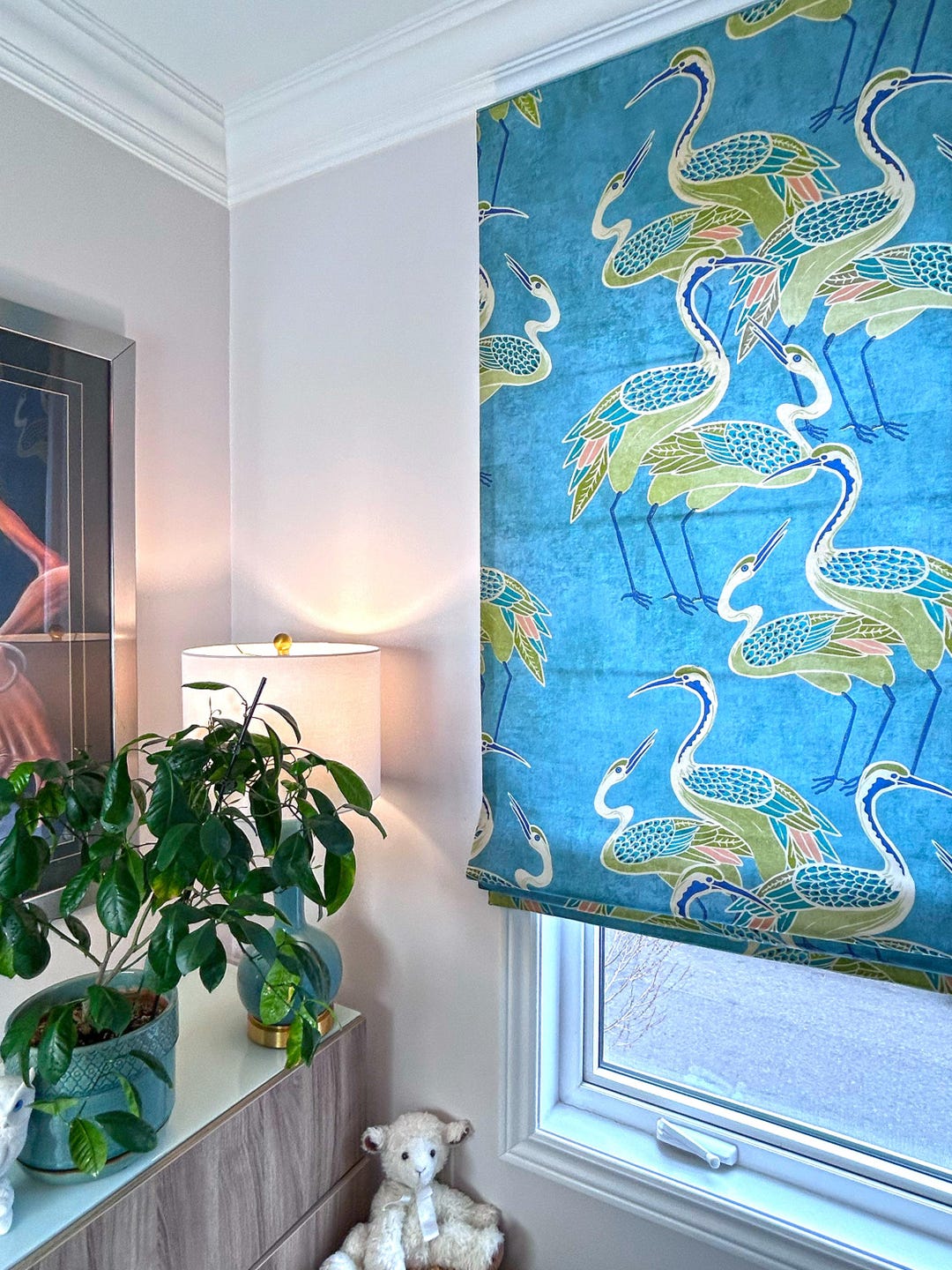 Custom Relaxed Roman Shade – Deco Cranes Pool Blue Fabric – Cordless ...