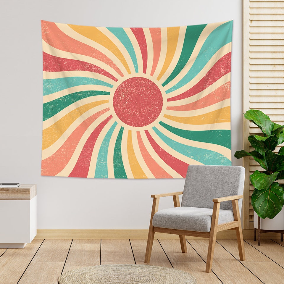 Vintage Sun Tapestry Retro 70s Rainbow Sunrise Sunset Tapestry sold by ...