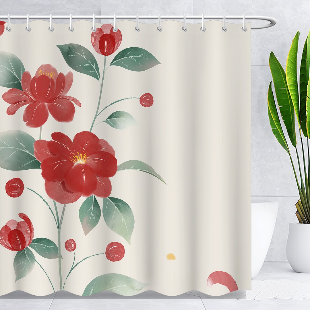 Red Floral Shower Curtain Elegant Flowers Art Print Bathroom Curtain