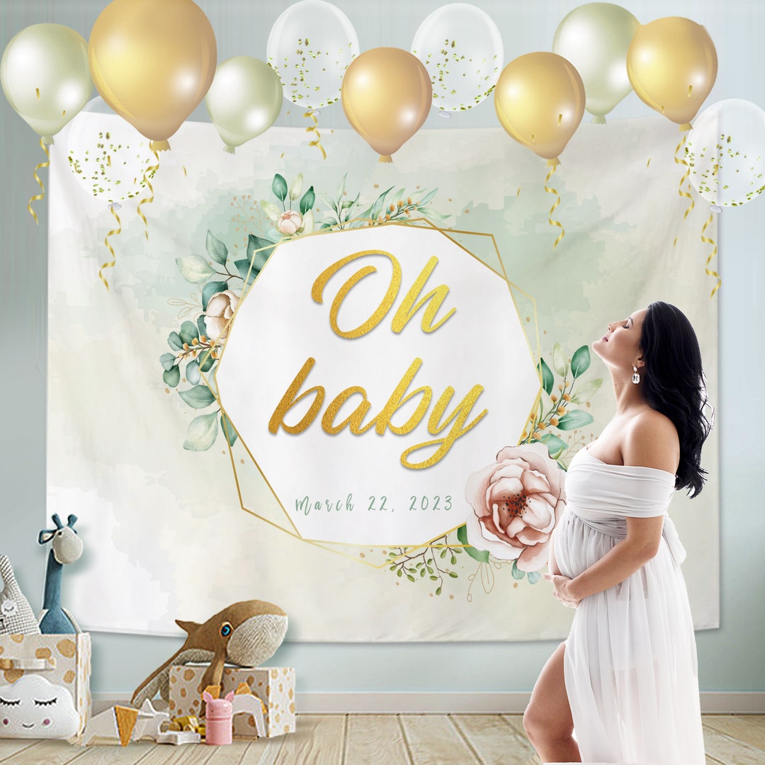 Oh Baby Backdrop Green Leaves Golden Font Baby Shower Backdrops ...