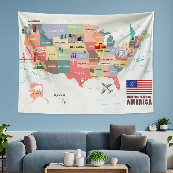 Map Tapestry United States Map Tapestries Watercolor - Etsy