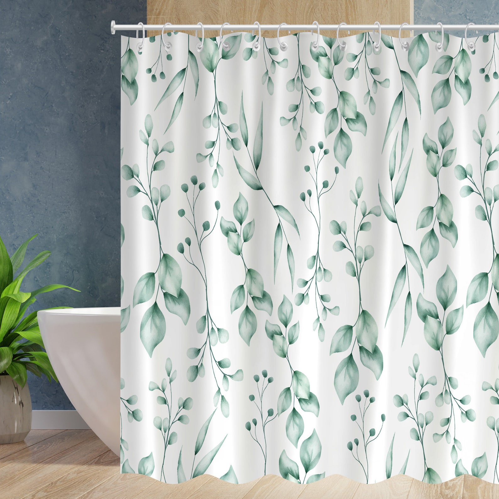 Green Leaf Shower Curtain Watercolor Olive Branch | Etsy
