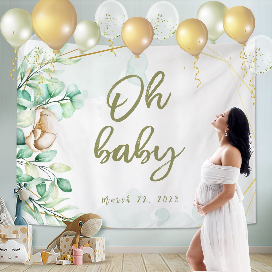 Oh Baby Backdrop Green Leaves Floral Baby Shower Backdrops Decorations ...