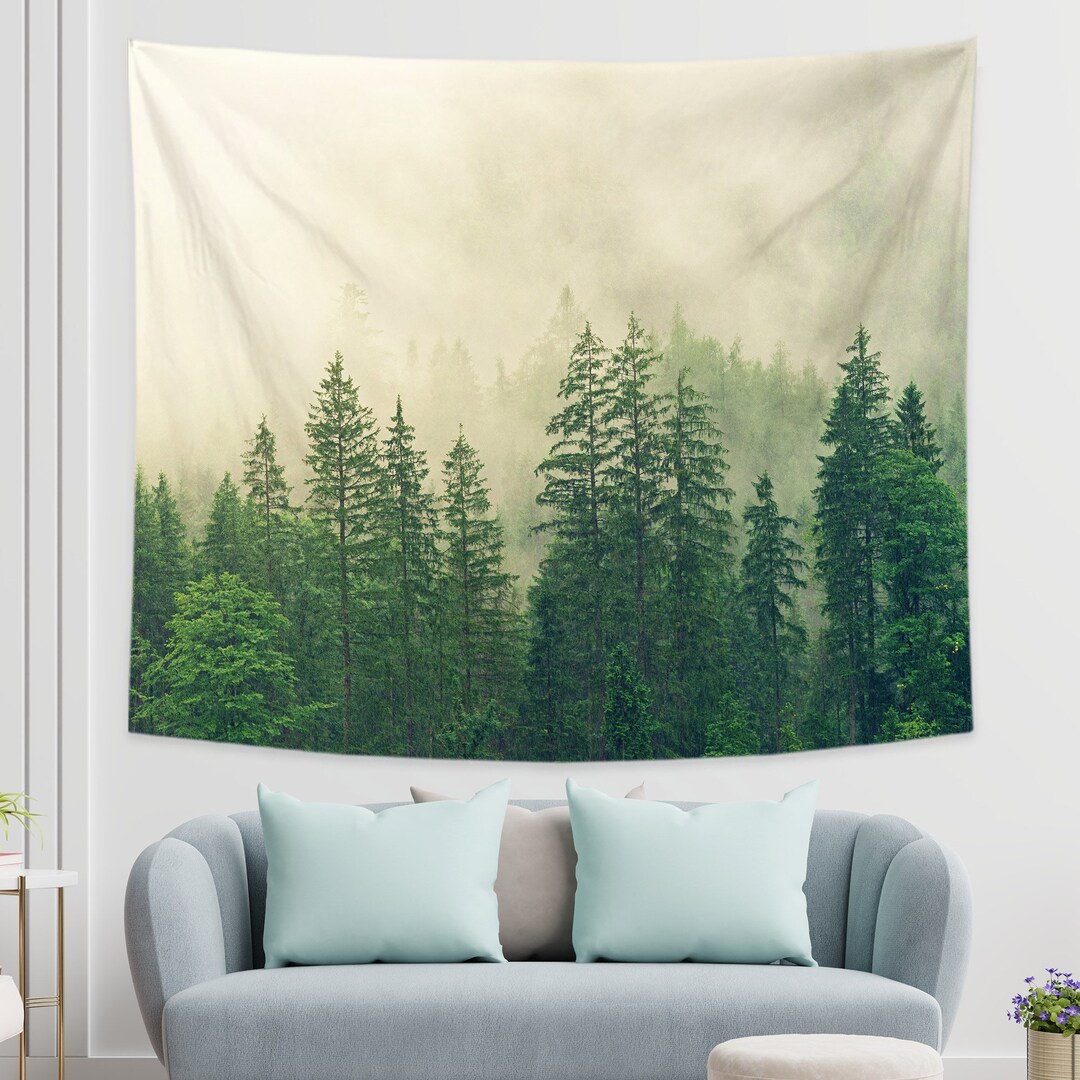 Misty Forest Tapestry Hand Drawn Landscape of Foggy Forest Wall ...