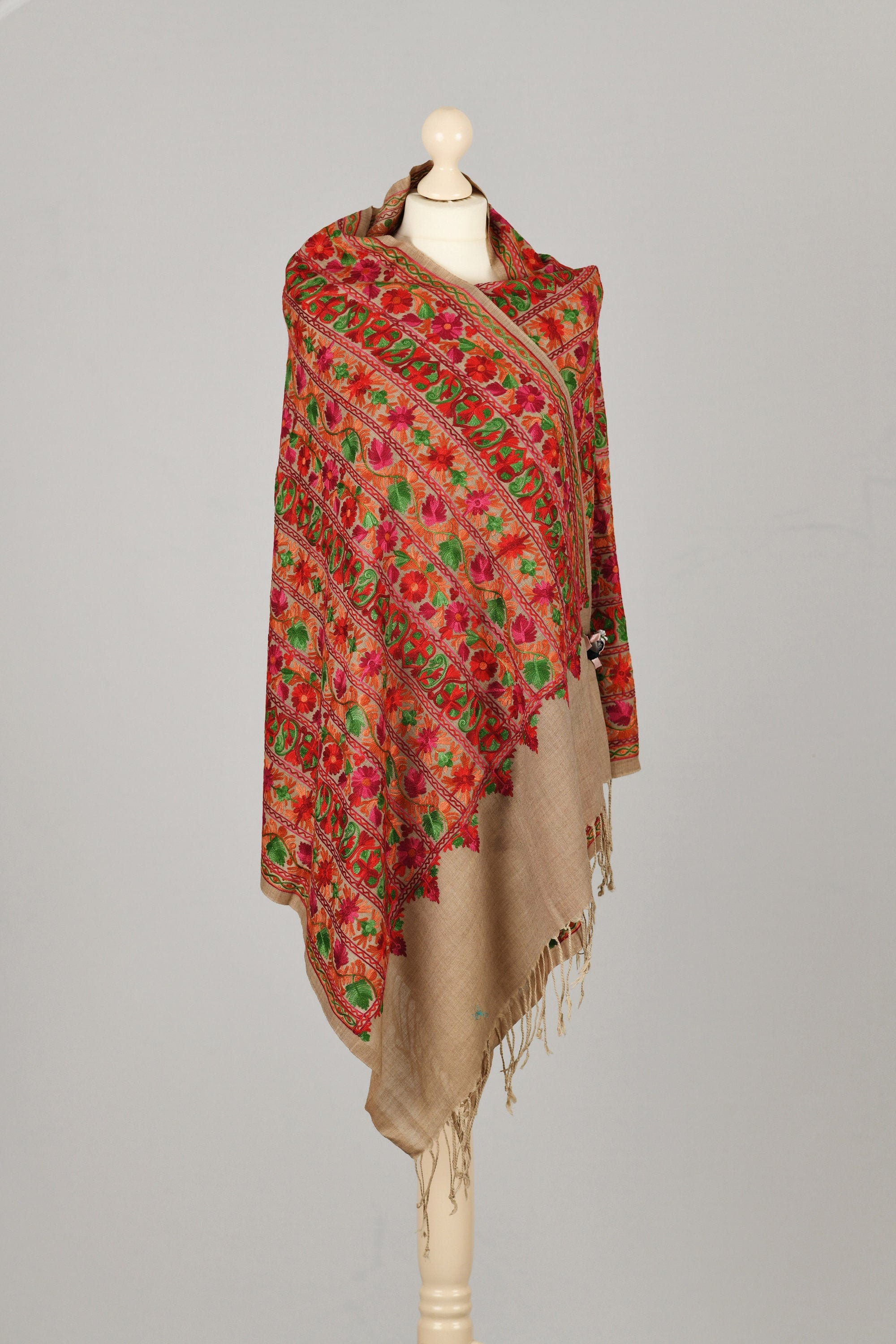 Classic Kashmiri Embroided Scarf, Khaki Cashmere Scarf, Embroidered ...