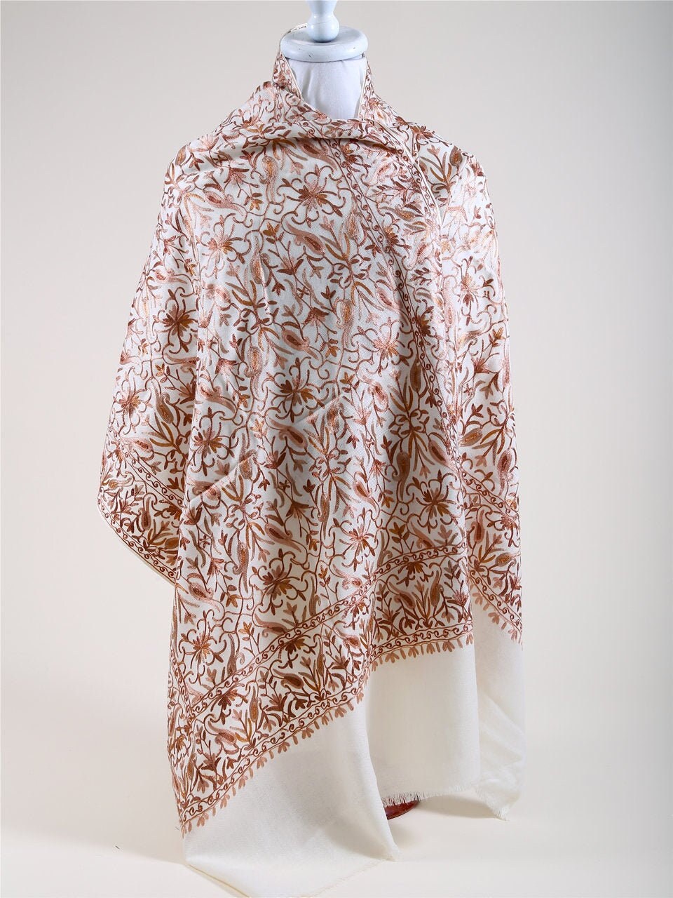 Classic Kashmiri Embroided Scarf, White Super Soft Wool Scarf ...