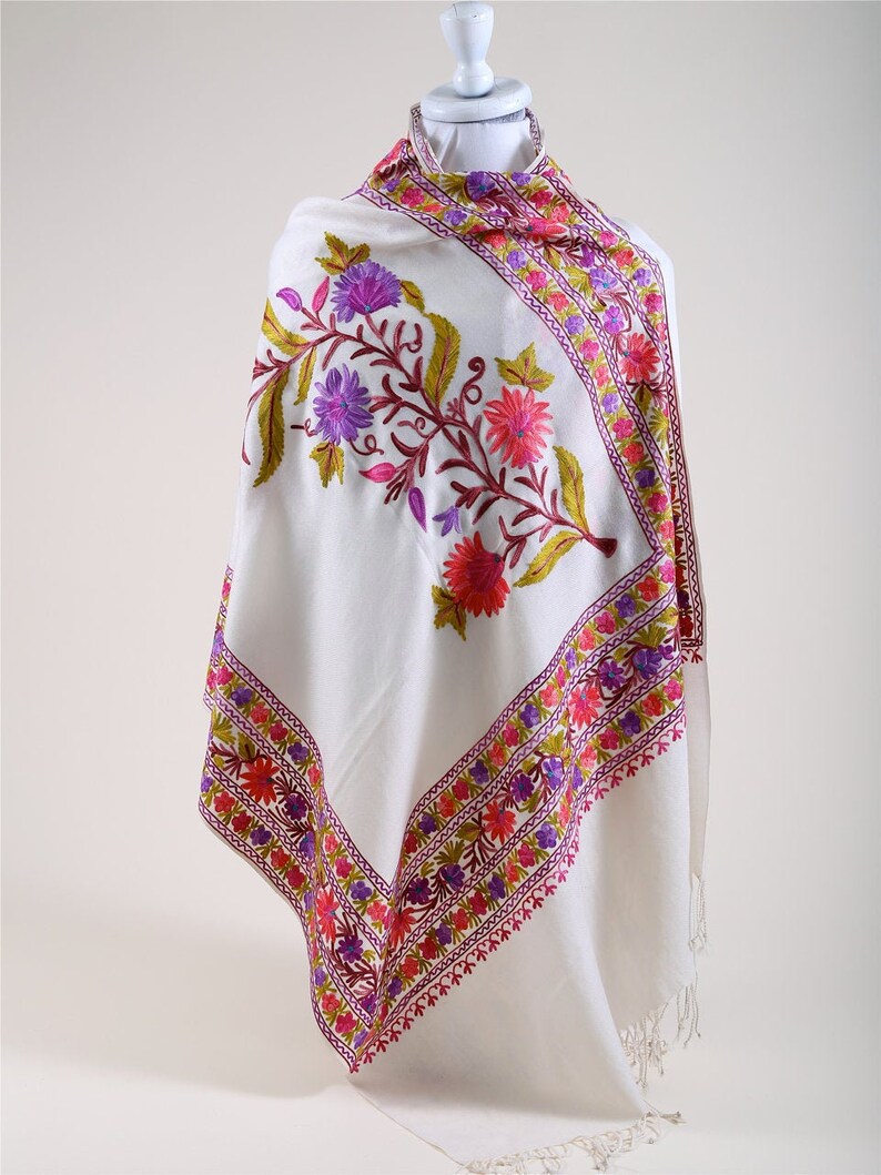 Classic Kashmiri Embroided Scarf White Super Soft Wool Scarf - Etsy
