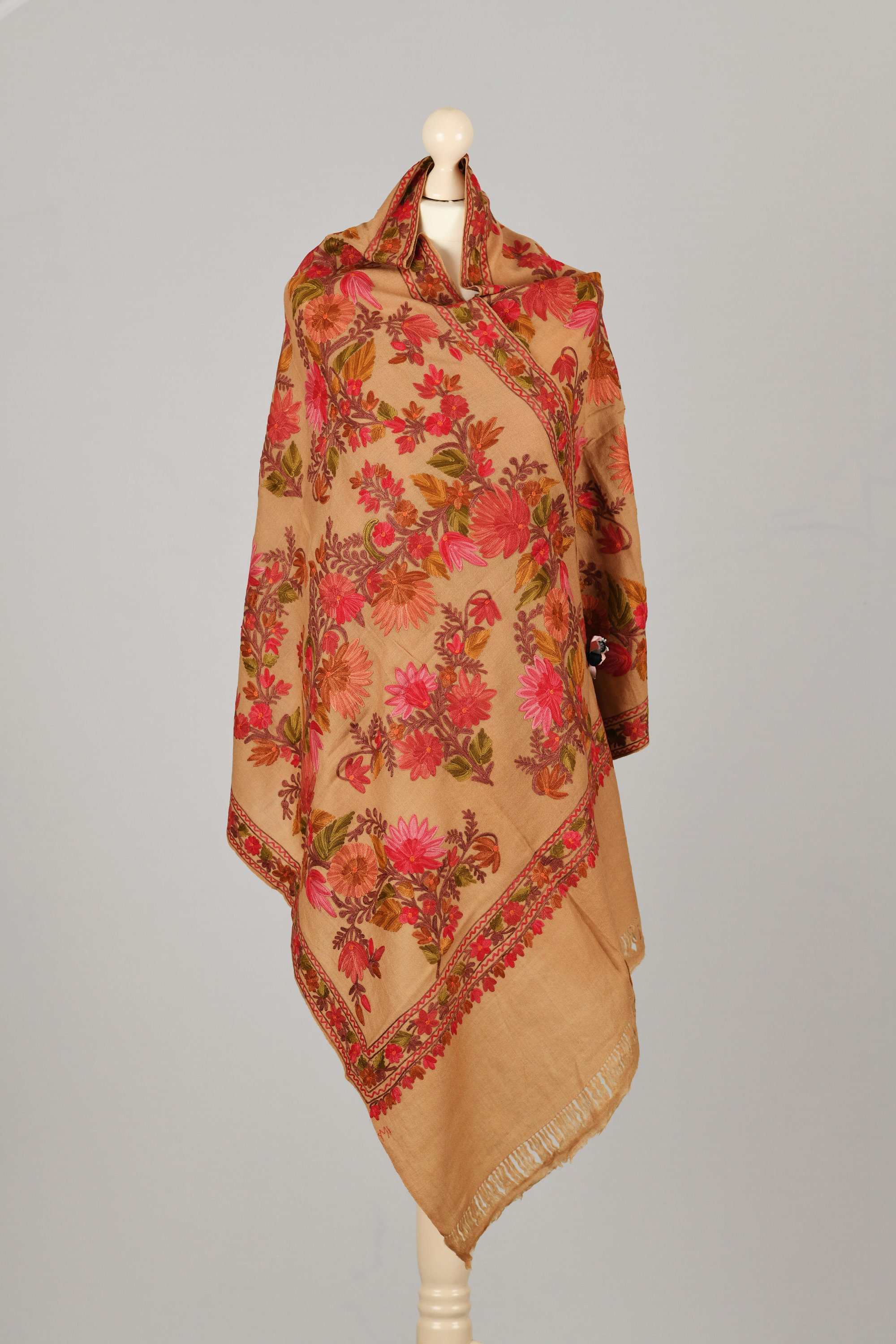 Classic Kashmiri Embroided Scarf, Khaki Super Soft Wool Scarf ...