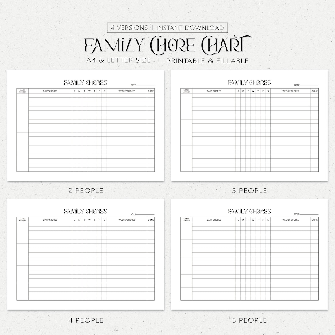 Family Daily Chore Chart, Weekly Chores, 2 / 3 / 4 / 5 Person, A4 ...