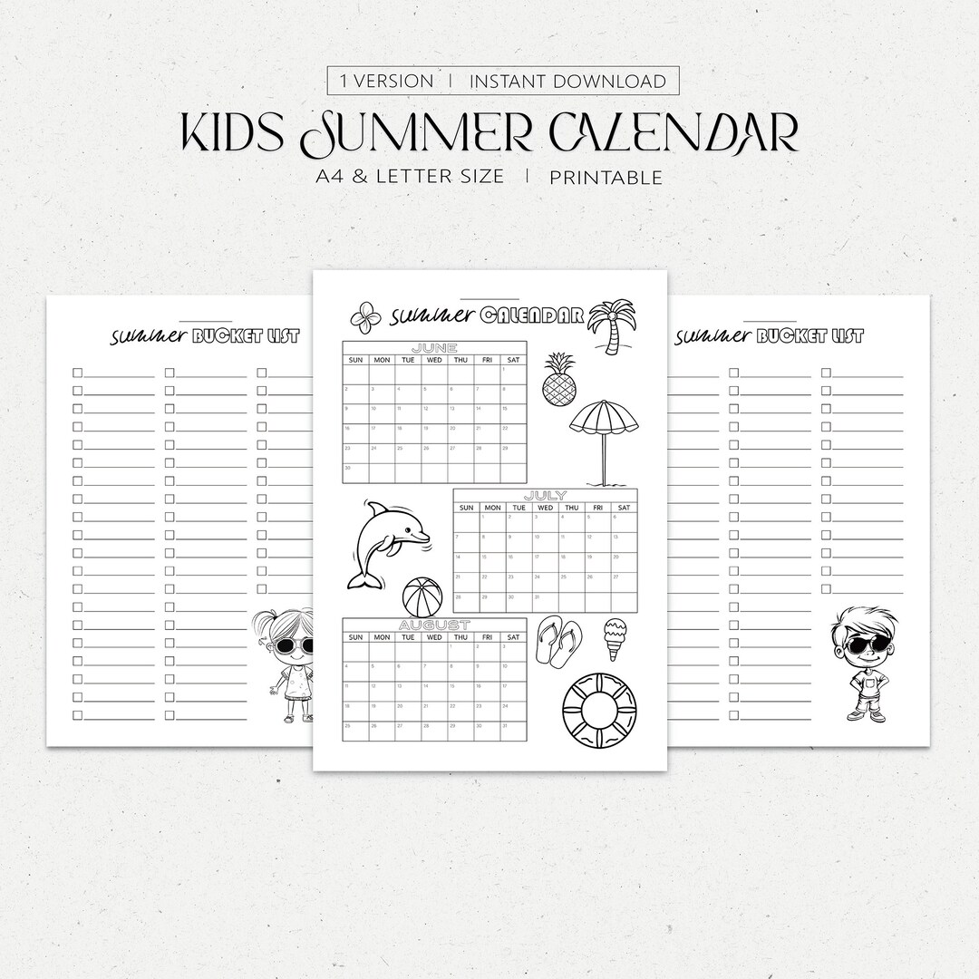2024 Kids Summer Fun Calendar, Bucket List for Boy and Girl, Coloring ...