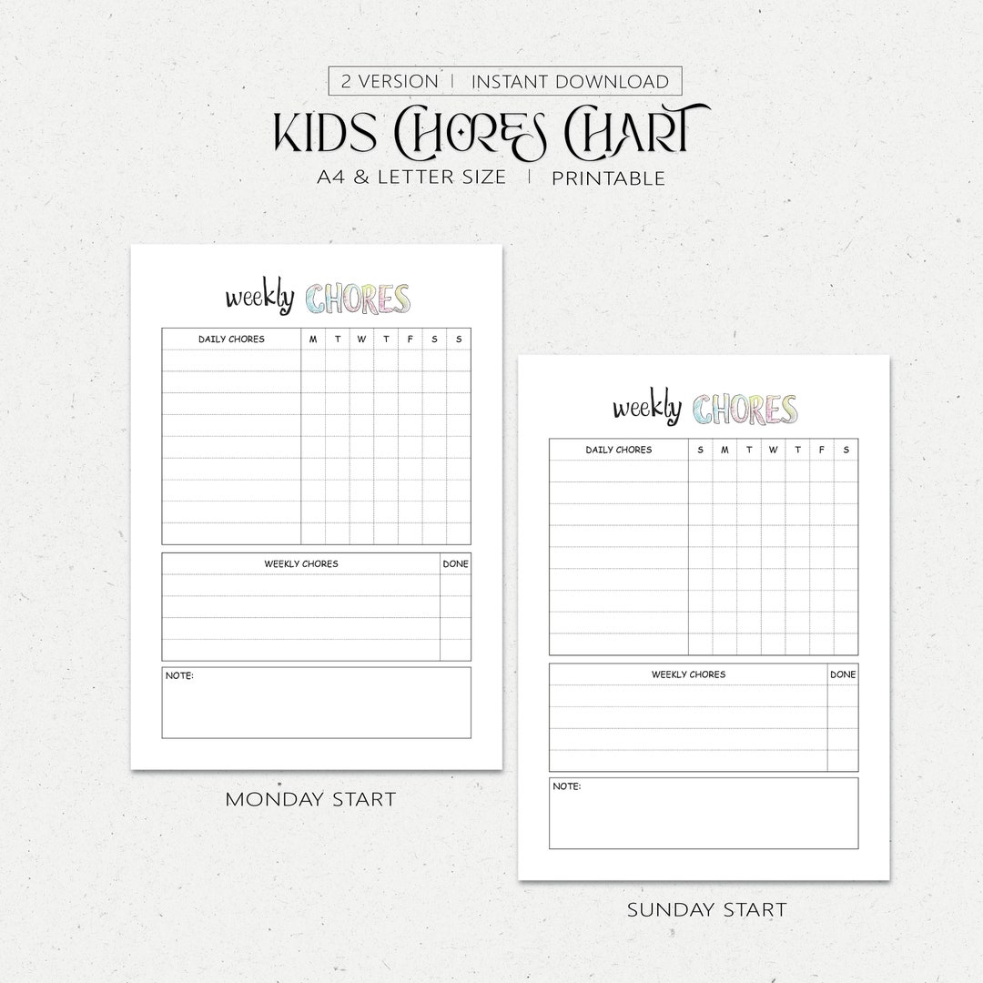 Weekly Chores Chart, Printable Kids Habit Tracker, Daily Planner, Kids ...