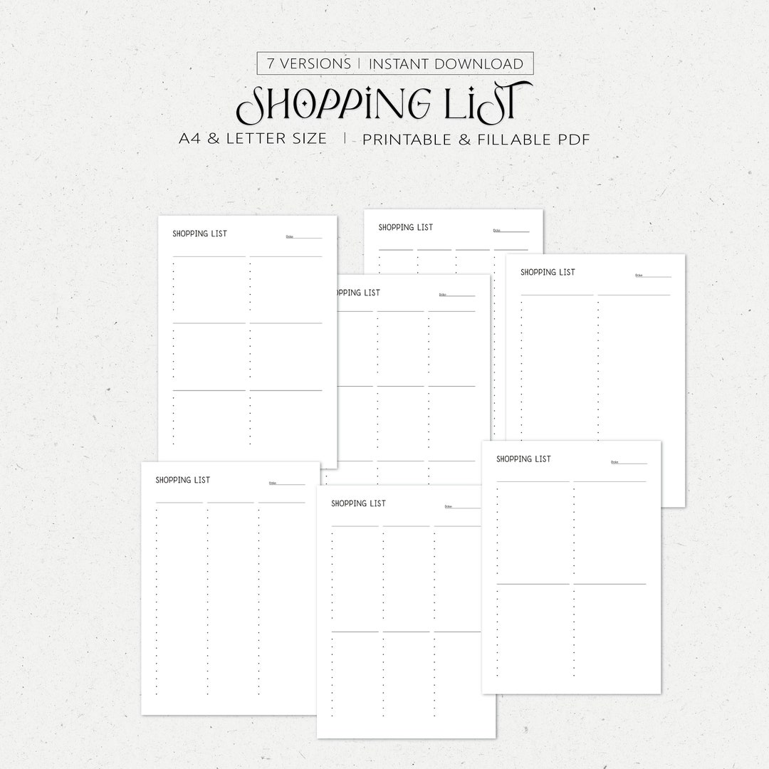 Blank Shopping List, Grocery List Template, 7 Versions PDF, Printable ...