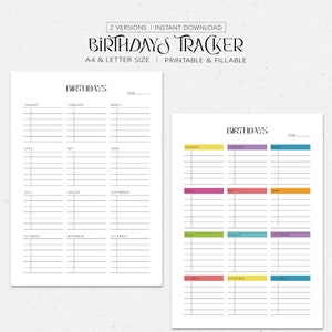 Birthday Tracker for Family Birthdays A4 and US Letter, Printable ...