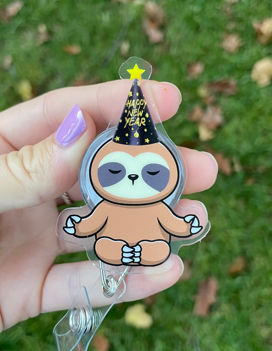 New Years Sloth Badge Reel With Slide Clip - Etsy