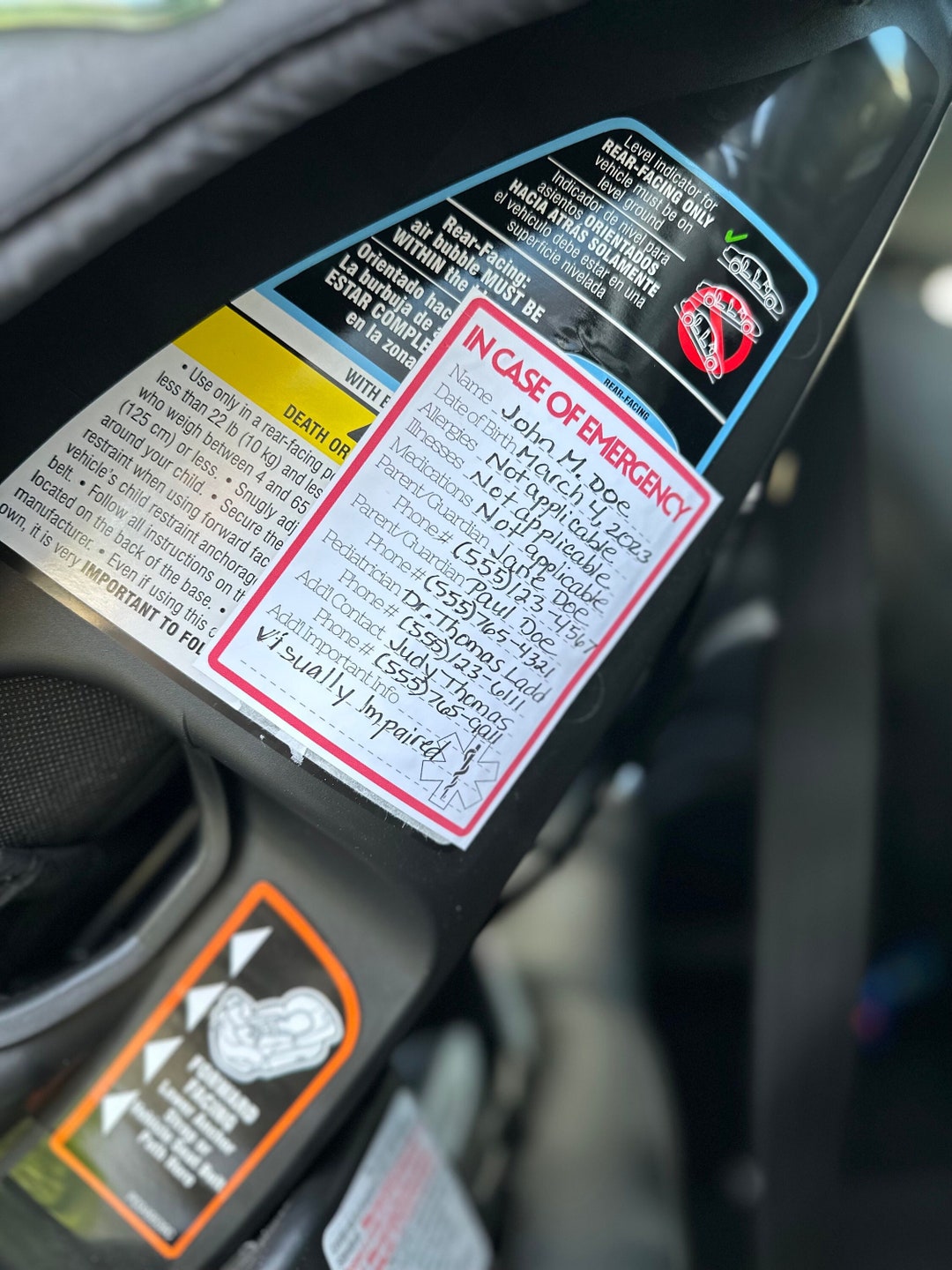 Pack of 1 Vinyl in Case of Emergency Car Seat Sticker, Infant and Child ...