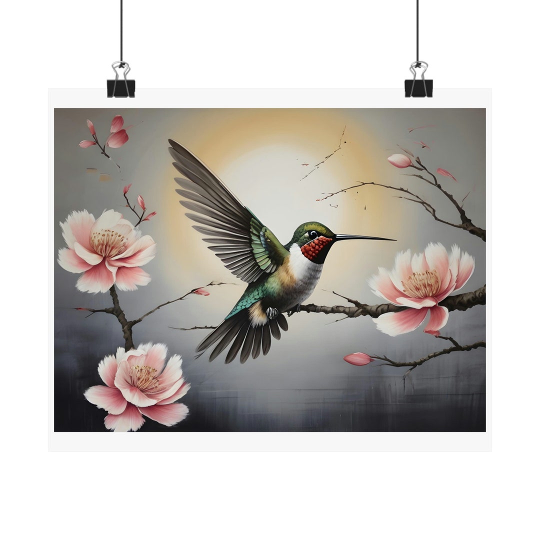 Hummingbird Art, Beautiful Hummingbird and Flower Image in Asian ...