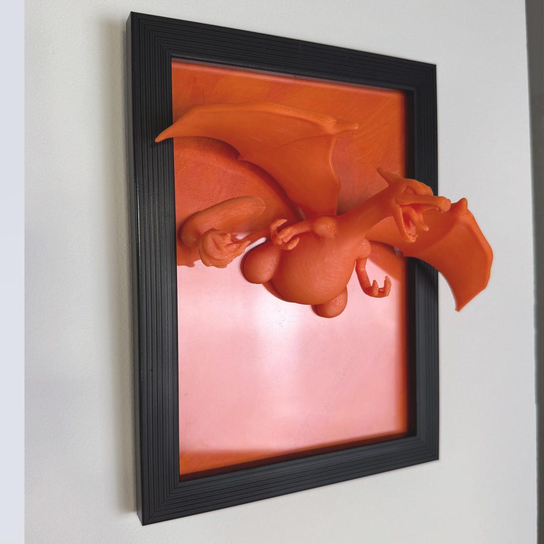 3D Charizard Wall Art: Minimalist Black Frame Sculpture With Orange ...