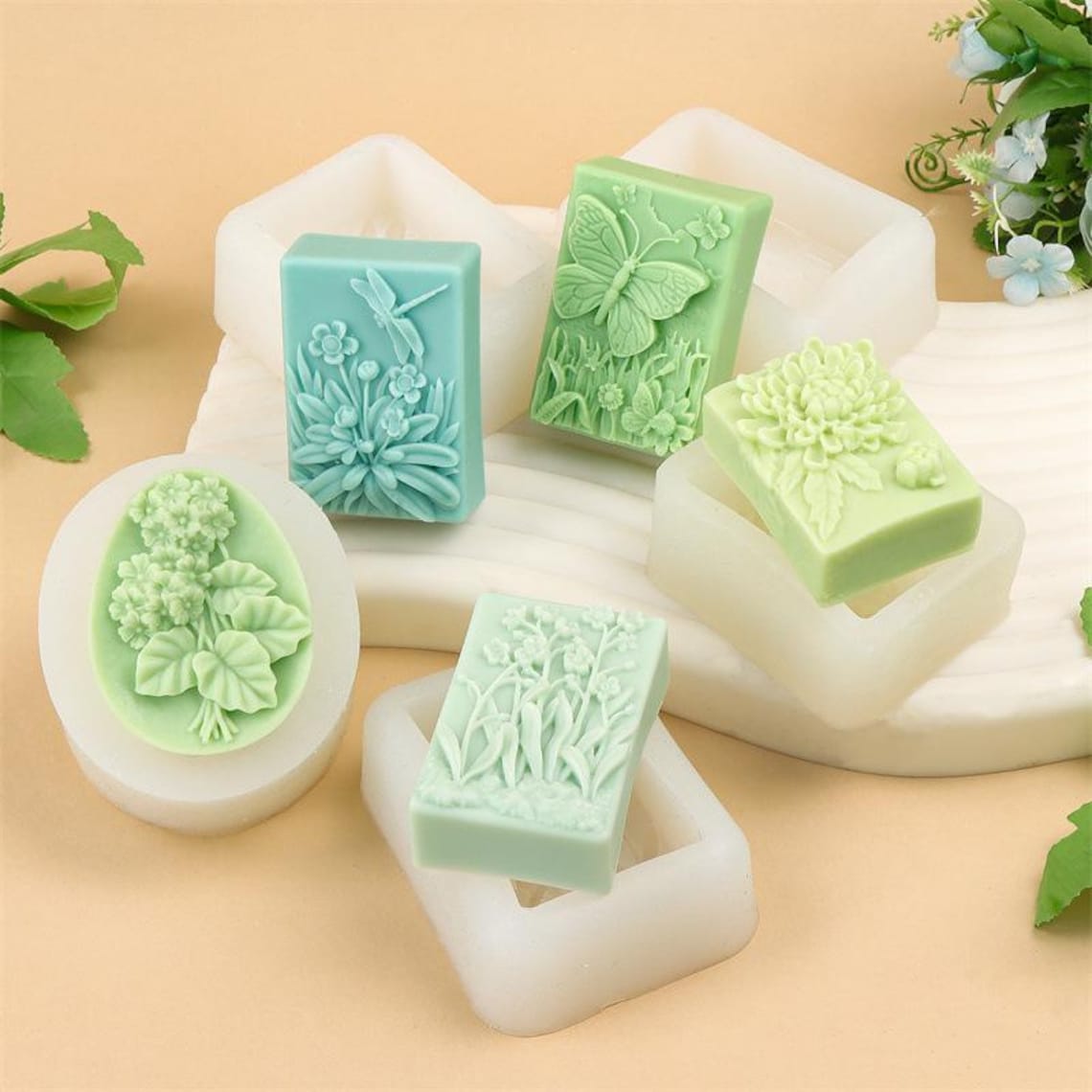 5 Styles Soap Silicone Mold-square Relief Flowers Soap Mold-oval ...