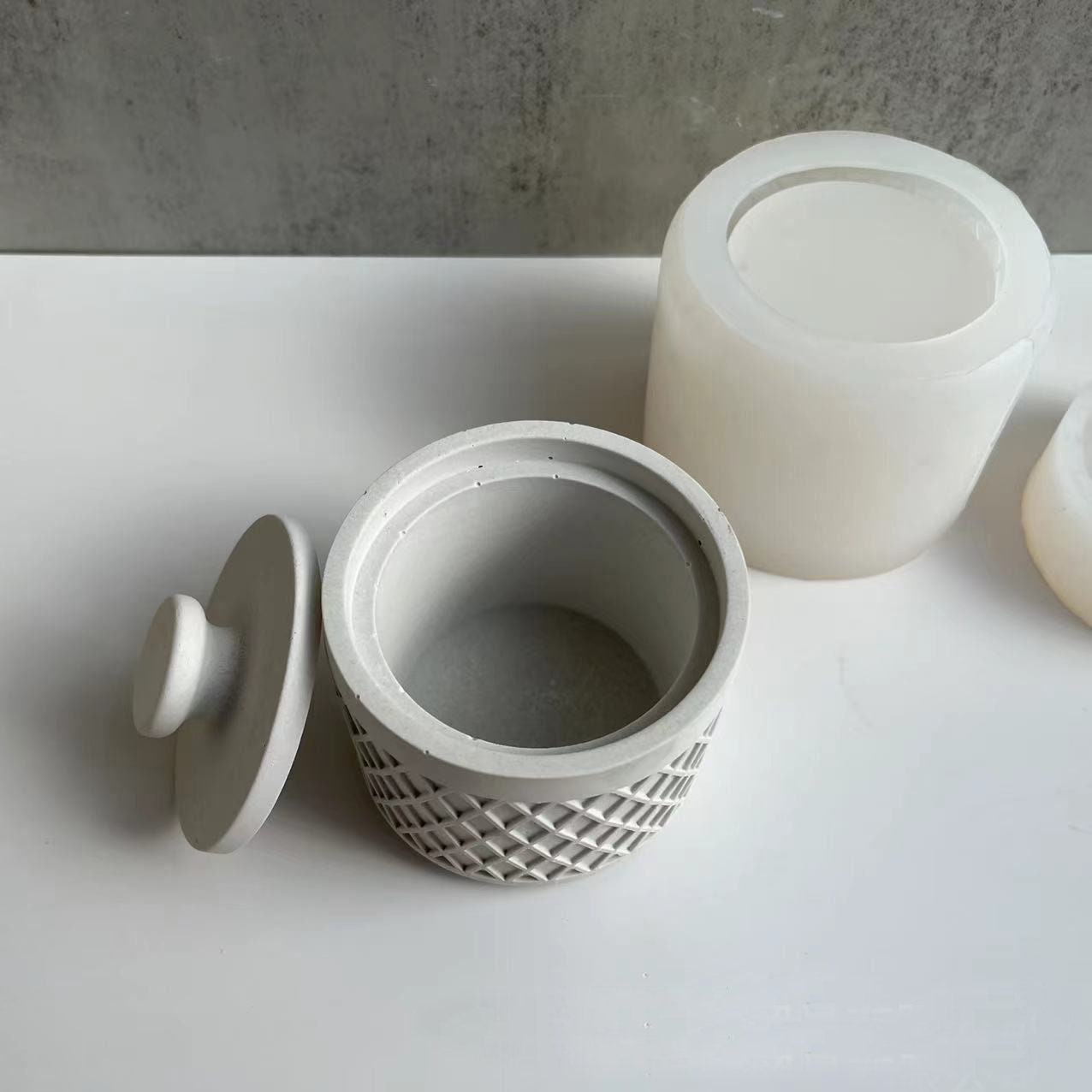 Round Embossed Diamond Candle Jar With Lid Concrete Silicone - Etsy