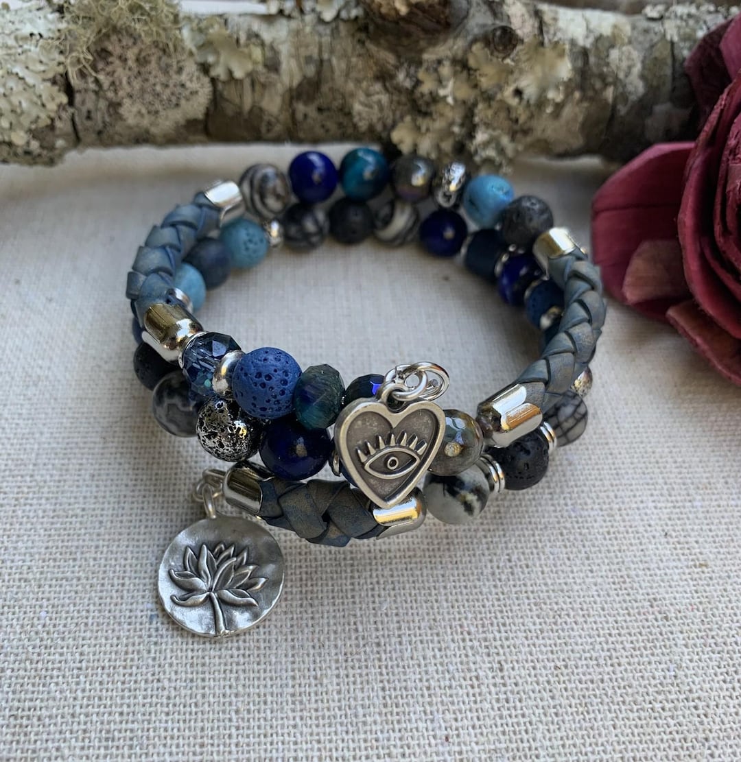 Serene Blues and Silver Lotus Gemstone Memory Wire Wrap Bracelet - Etsy