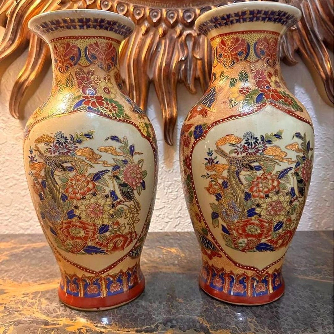 Satsuma Vases Gold Pair of Vases Vintage Asian Vase Bird and Floral Vases Set of Asian Vases - Etsy