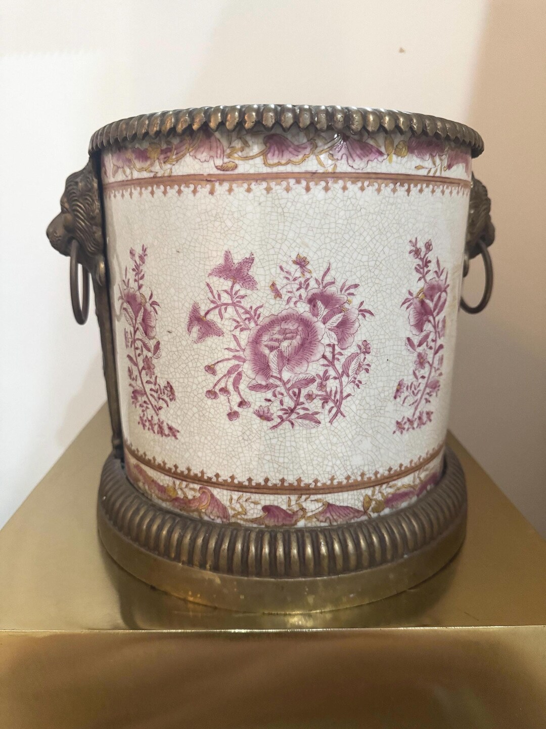 Rare United Wilson Pink Floral Planter, Brass Lion Handles - Etsy