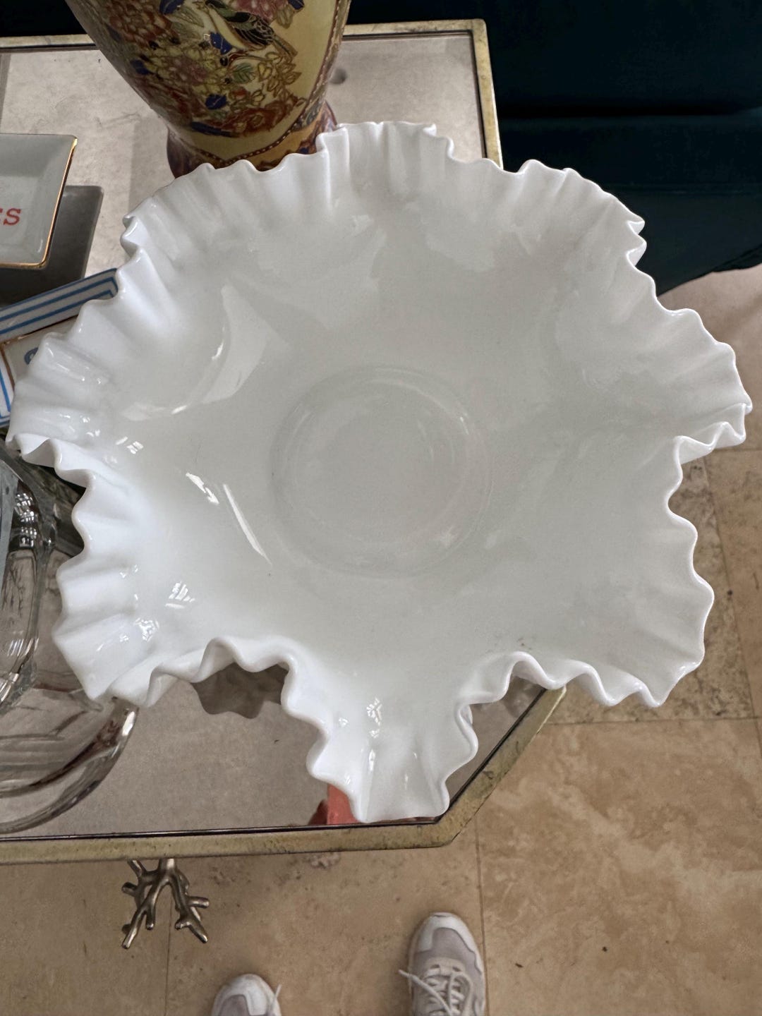White Fenton Glass Serving Bowl Large White Glass Bowl With Lettuce ...