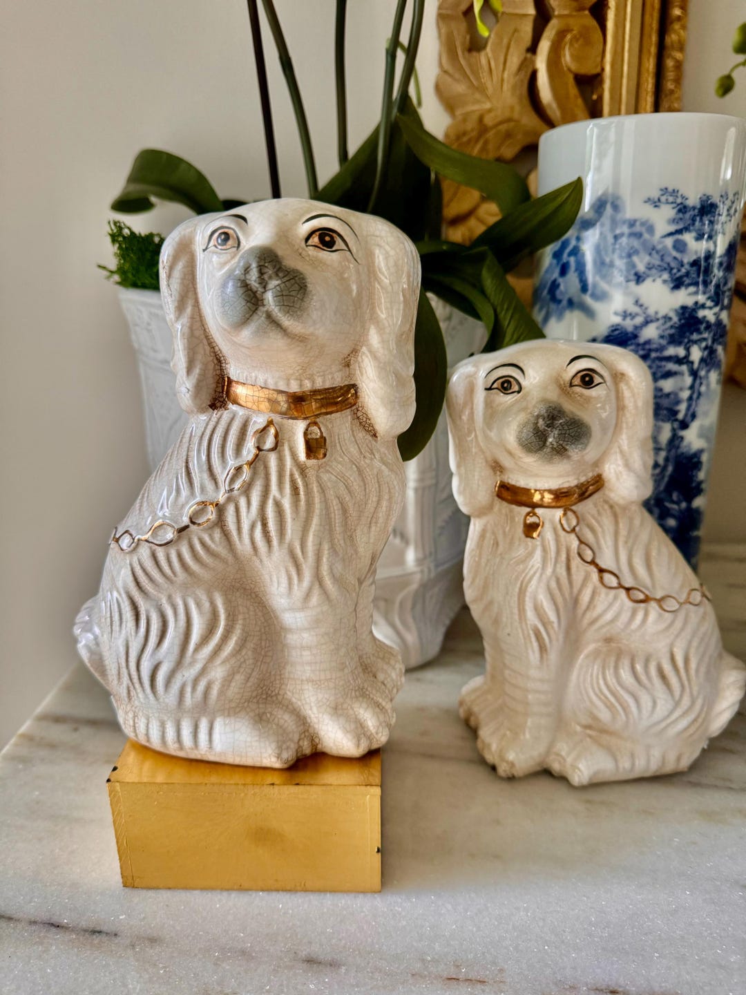 Staffordshire Dogs Pair Hand Painted White and Gold Chinoserie ...