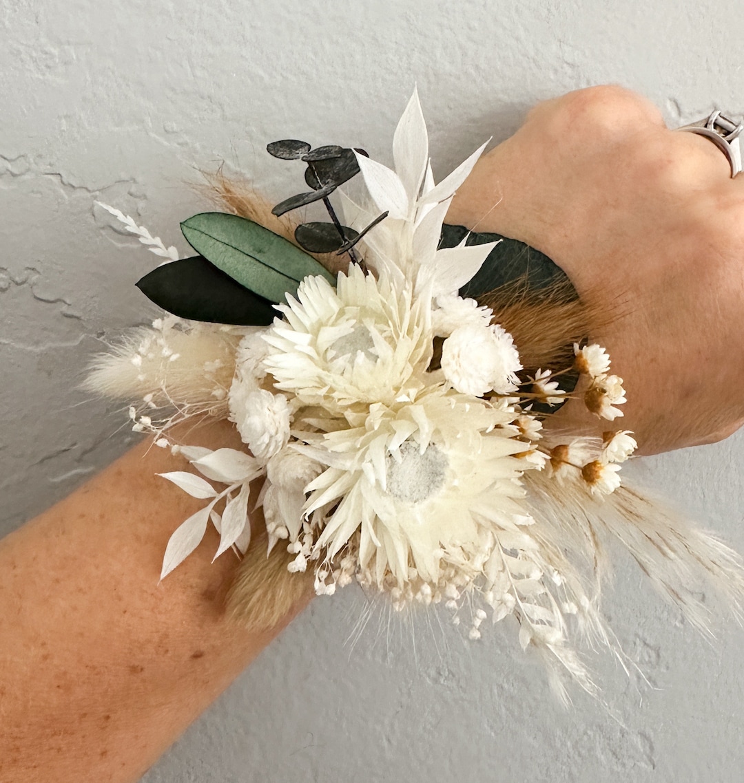 White and Greenery Dried Floral Corsage/ Wedding Flowers/ Dried Flowers ...