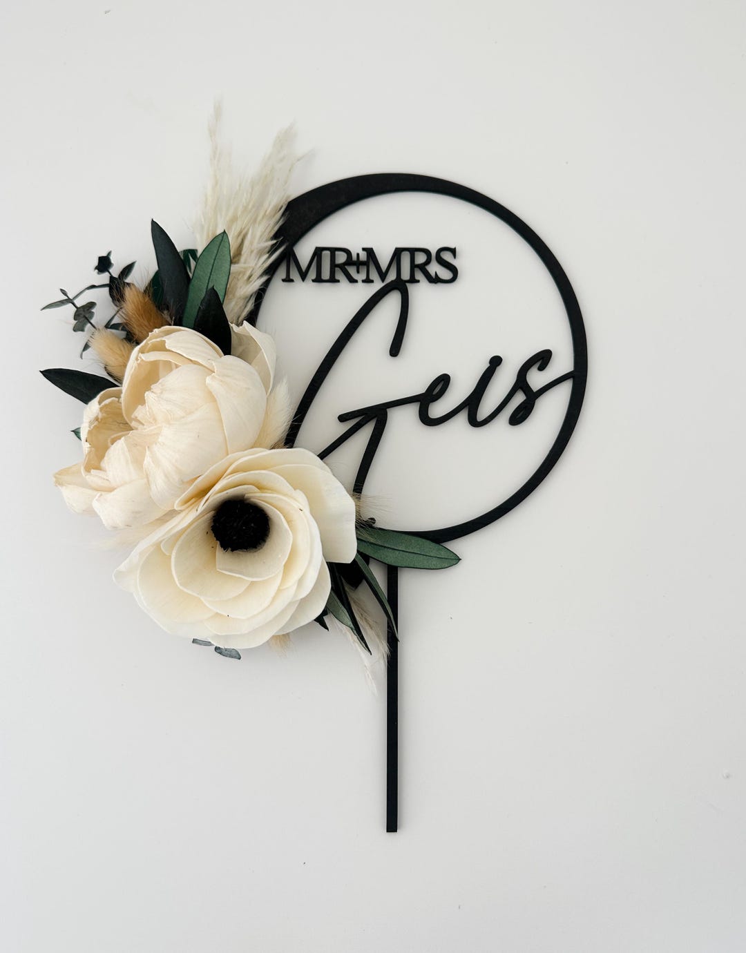 Personalized White Peony, Black and White Anemone + Greenery Cake ...