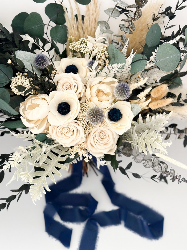 Navy + Dusty Blue Anemone and Peony Dried Floral Bouquet/ Bride and ...