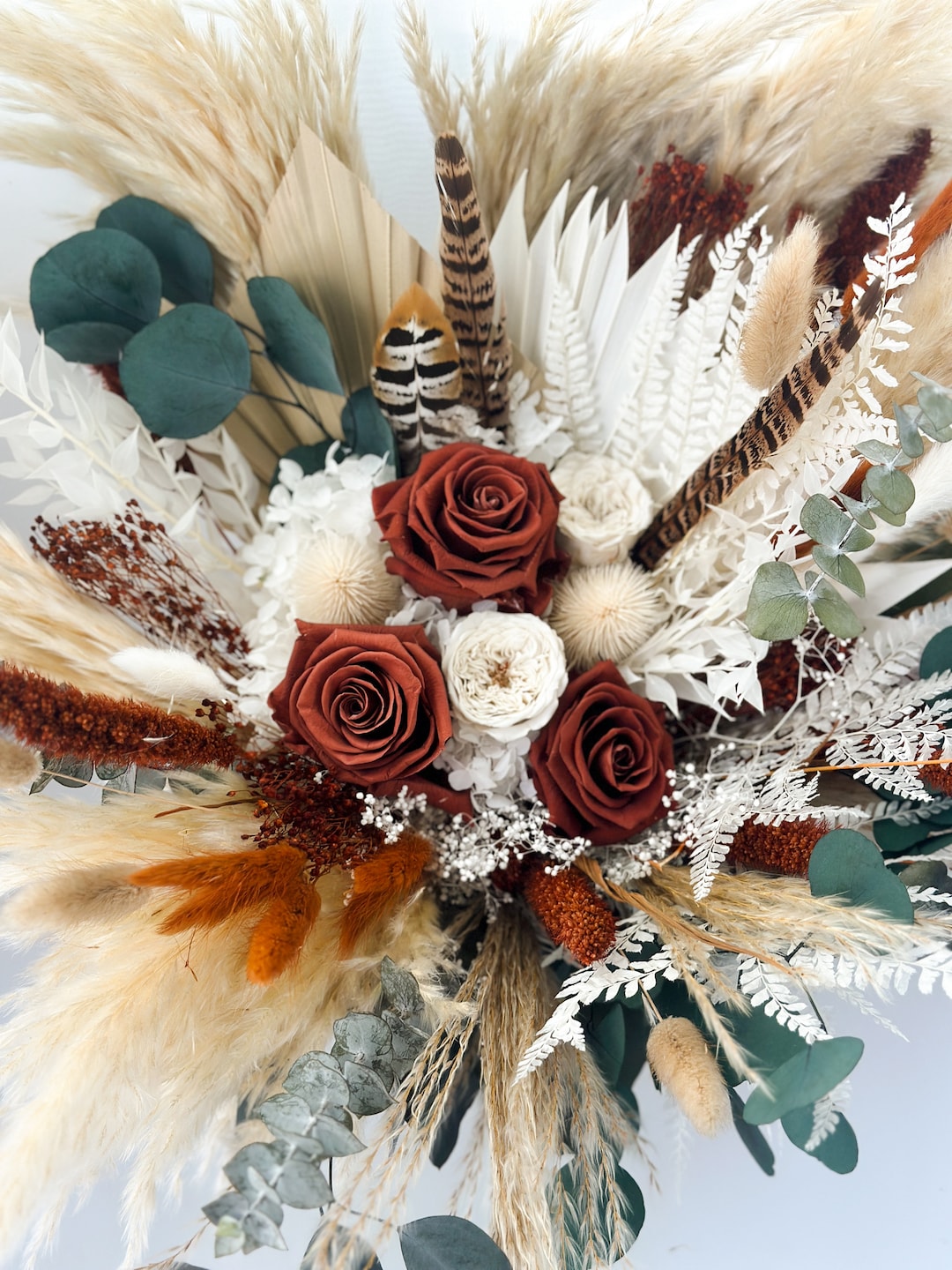 Rust, Greenery, Pheasant Feather Pampas Grass Bouquet/ Bride and ...